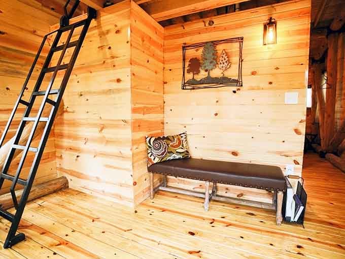 Warm pine walls, a leather bench, and a ladder up to the loft. Yes, there's a ladder.