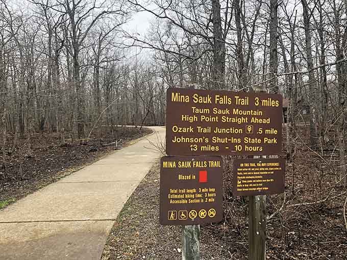 The trail sign doesn't lie: three miles of pure Missouri magic, straight ahead and waiting for you.