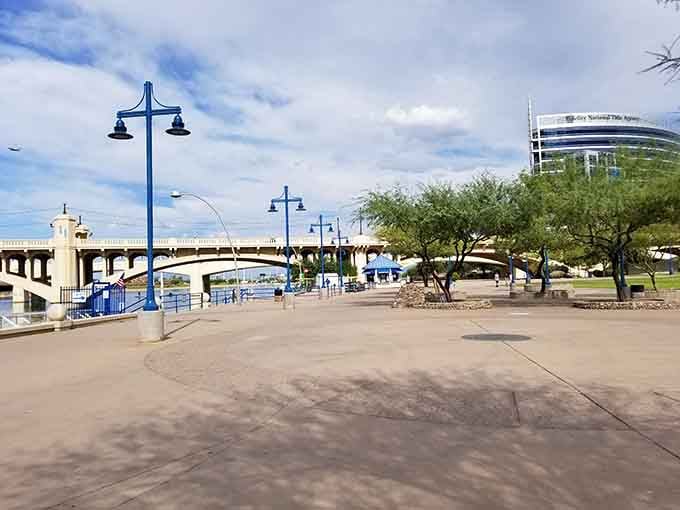 Those blue lamp posts aren't just lighting the way, they're giving the whole park a personality all its own.