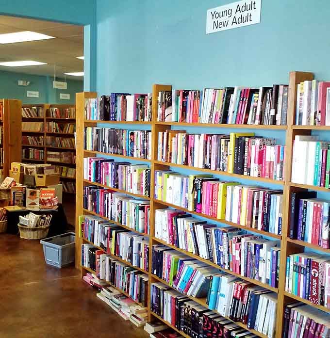 Colorful spines packed shoulder to shoulder, the Young Adult section here means serious business.