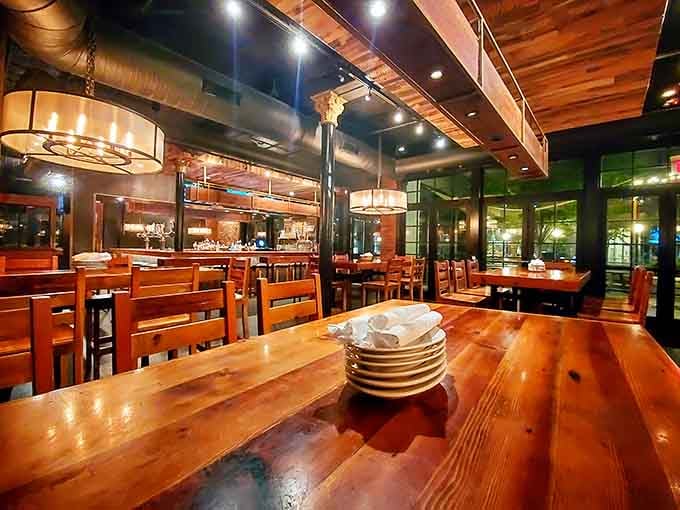 Wood, brick, and warm lighting create the kind of atmosphere where good food tastes even better than usual.