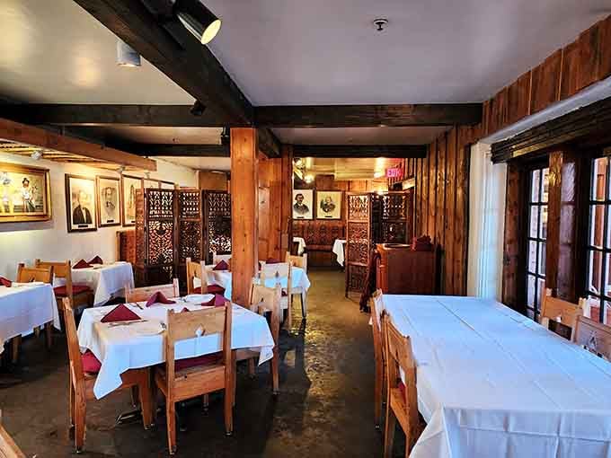 White tablecloths, wooden beams, and portraits of frontier legends. History never looked this comfortable.