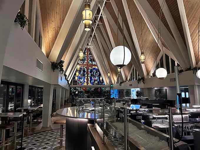 Soaring wooden beams, stained glass, and a curved bar walk into a church. No punchline needed.