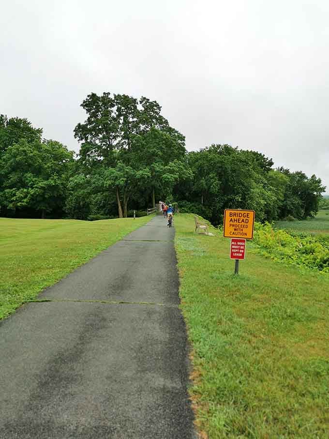 That bright orange "Bridge Ahead" sign is the trail's polite way of saying the adventure is just getting started.