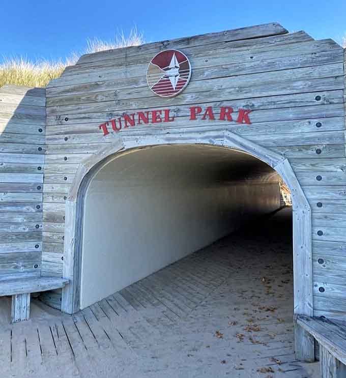 Your portal to Lake Michigan awaits, no climbing required, just a cool walk through this ingenious tunnel.