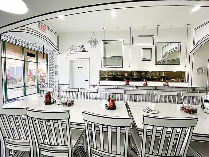Every surface gets the cartoon treatment, from ceiling to floor, creating an optical illusion that delights.