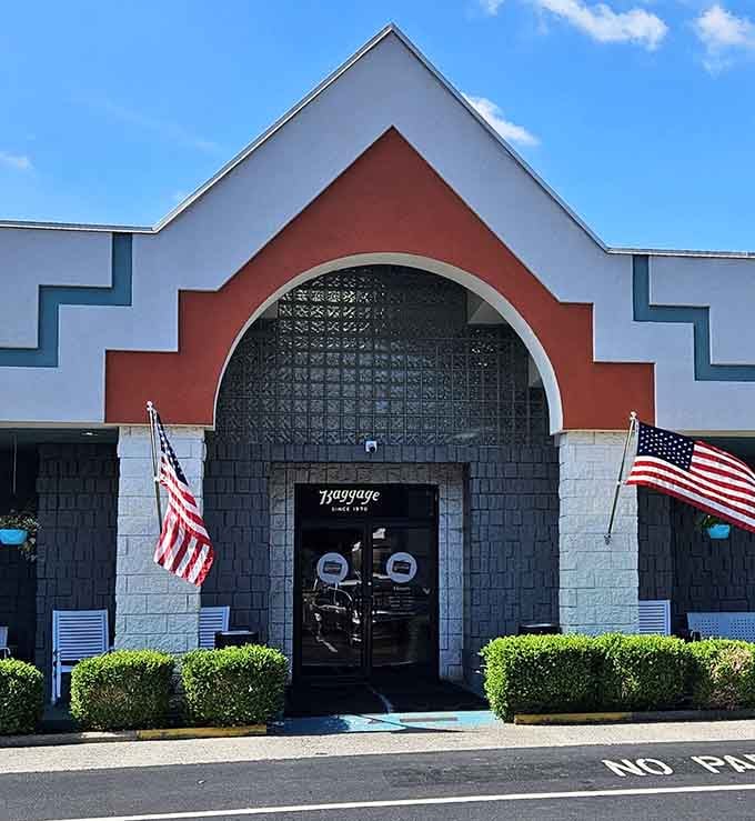 Two American flags, one grand arch, and a whole lot of mystery waiting just beyond those doors.