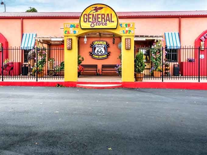 Bright colors, bold signage, and homemade fudge greet you at the General Store entrance on Route 66.