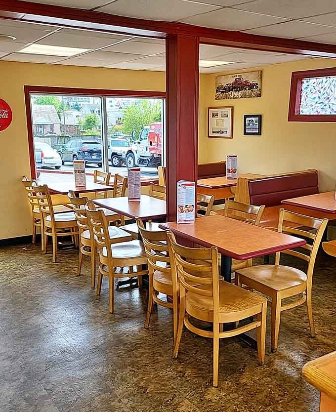 Warm yellow walls and wooden chairs that say, "Sit down, stay awhile, you've earned this."