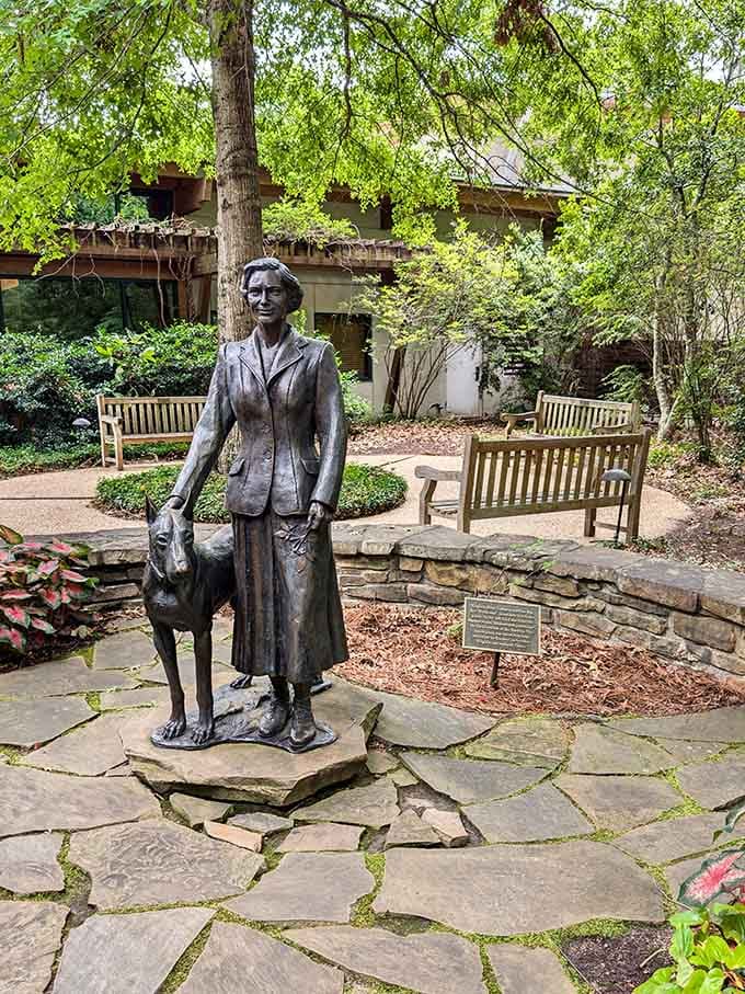 This bronze statue of Virginia Hand Callaway, dog by her side, sets a tone of quiet dignity and warmth.