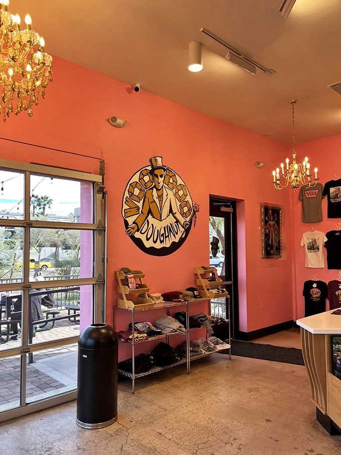 Chandeliers and donut merch living together in perfect harmony, only at Voodoo Doughnut.