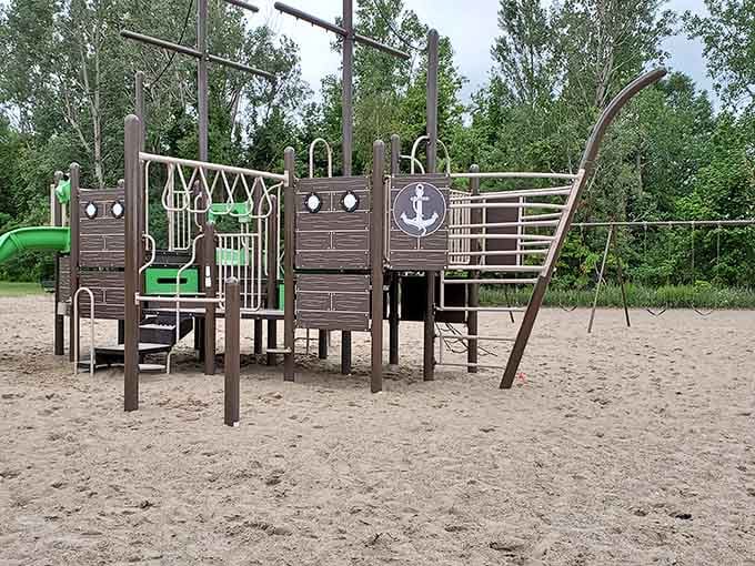 This nautical playground isn't just cute, it's a parent's dream come true with supervision sightlines.