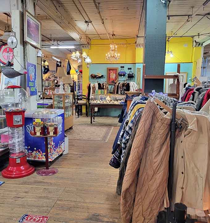 Chandeliers, gumball machines, and vintage coats sharing the same aisle. Only in Grand Rapids, folks.