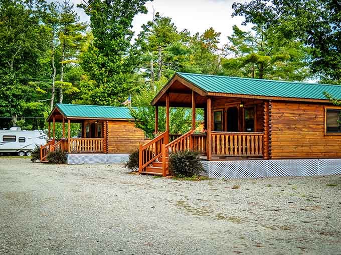 These cozy cabins with their cheerful green roofs look like they wandered out of a storybook and decided to stay.
