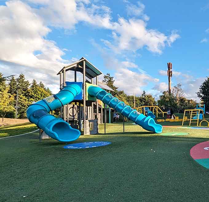 These teal tube slides twist and curve like a roller coaster that even your knees can appreciate without complaint.