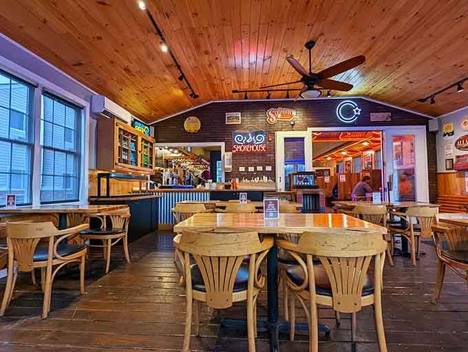 Wood paneling, cozy seating, and the promise of unlimited barbecue. This is what heaven's waiting room looks like.