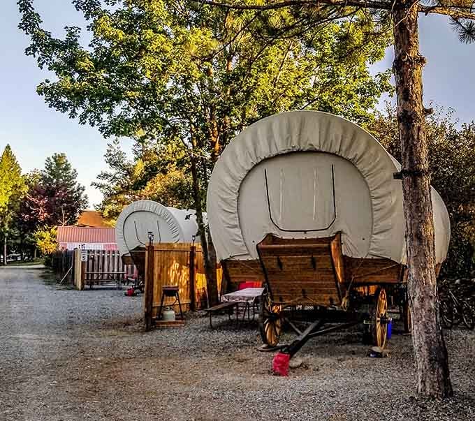 Canvas overhead, wooden bunks below, and Southwest-patterned bedding that makes Little House on the Prairie look downright luxurious.