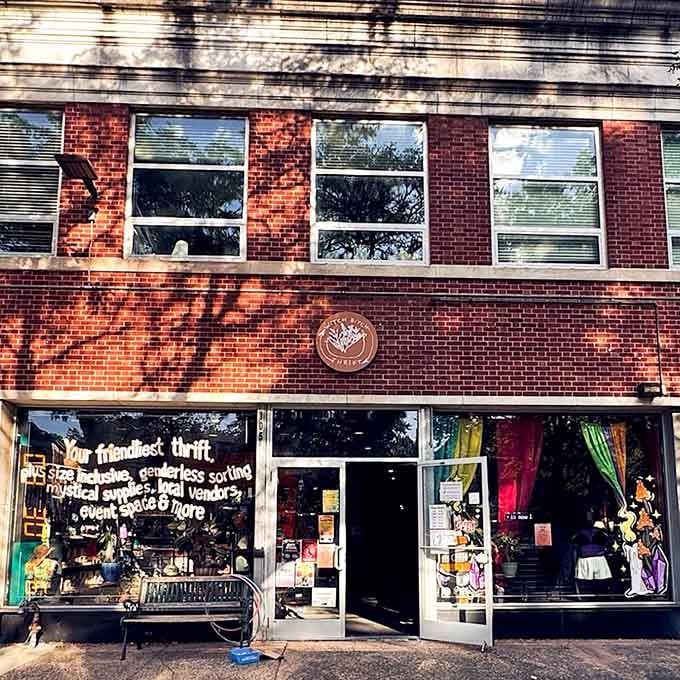 Bright windows, cheerful lettering, and a bench out front. This place wants you to stay awhile.