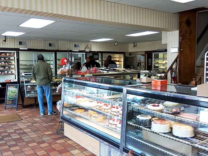 Glass cases packed with cakes, pies, and pastries, this is what a real neighborhood bakery looks like on the inside.