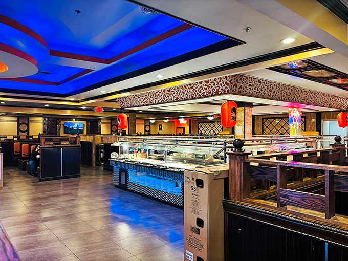 Red lanterns, glowing blue ceilings, and buffet stations as far as the eye can see. Yes, really.