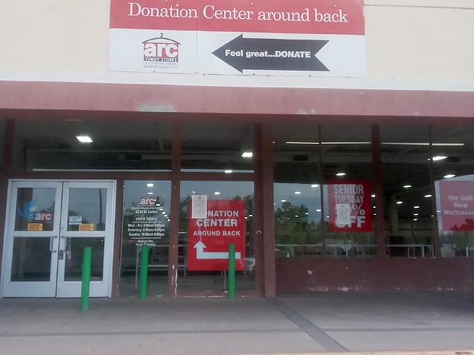 The donation center entrance proves that giving and getting can happen in the same place, creating retail karma.