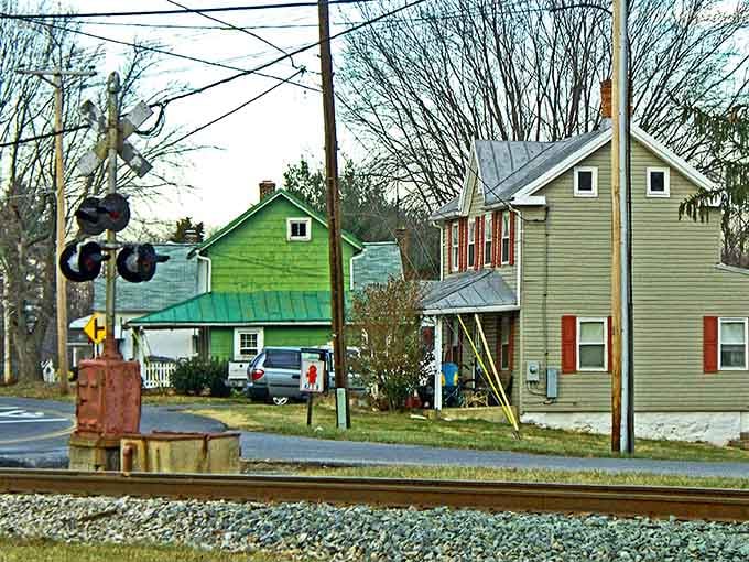Railroad tracks and colorful houses make Boring look surprisingly lively for a town with that name.