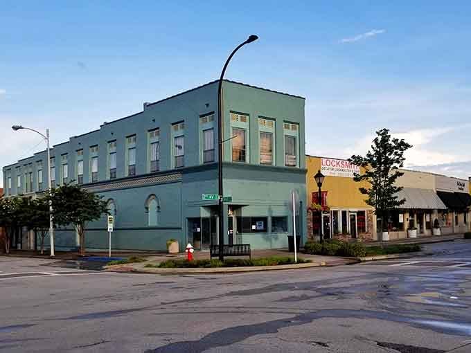 Early morning light catches this corner building just right, promising the kind of small-town dining adventures you've been missing.