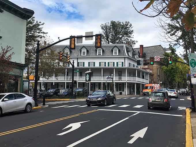 Doylestown's grand corner inn has welcomed travelers for generations with old-world charm and green shutters.