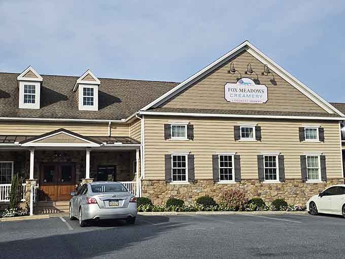 Fox Meadows Creamery arrives like a Lancaster County postcard, all stone accents and warm welcome under clear skies.
