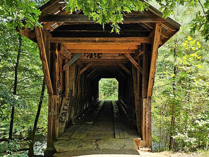 Ancient timber beams frame a tunnel of green, whispering stories that graffiti simply can't erase.