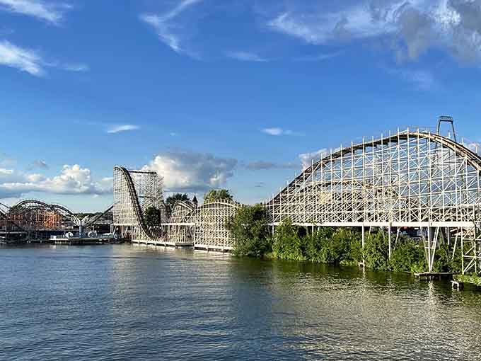 Wooden coasters stretching over Lake Shafer prove Indiana Beach has been doing waterfront thrills long before anyone asked.