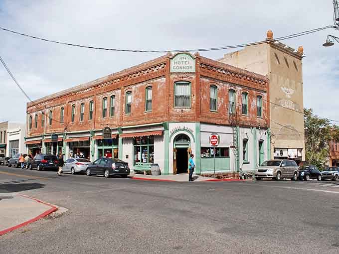 The weathered brick Hotel Connor anchors Jerome's Main Street like a proud, well-dressed elder statesman.