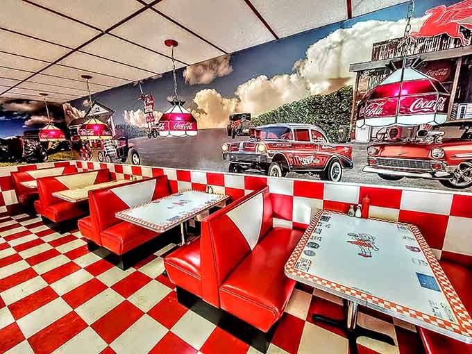 Red vinyl booths, checkered floors, and a Coca-Cola mural wall that makes every seat feel like front row at a car show.