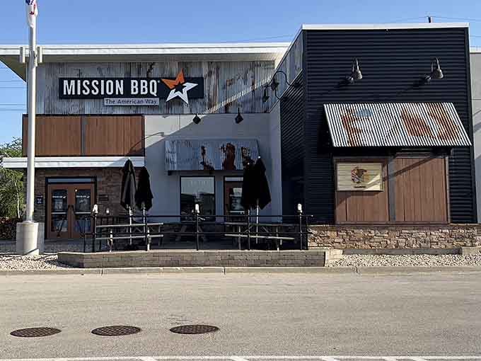 Where patriotism meets pit-smoked perfection, this modern facade stands proud with its star emblem shining bright above.