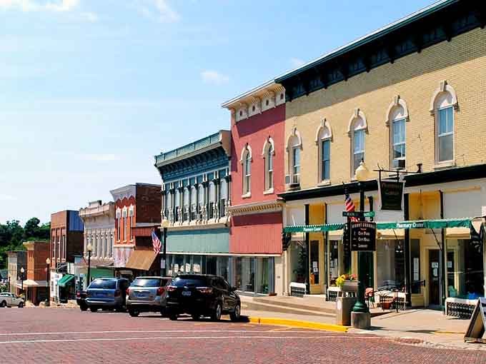 Mount Carroll's brick-and-mortar downtown stands proud under a summer sky, each colorful facade telling a quiet story of resilience.