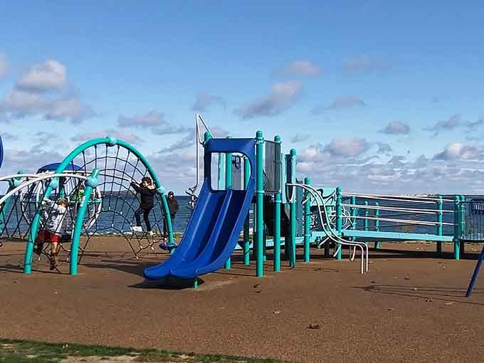 Ocean breezes meet playground fun where bright blue climbing domes frame stunning harbor views that never get old.