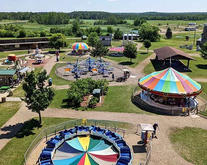 From above, Paul Bunyan Land looks like a joyful patchwork quilt of colorful rides stitched into the Minnesota countryside.
