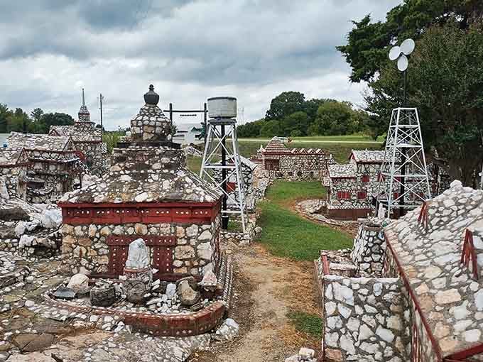 This whimsical stone village sparkles with embedded bottles like something from a fairy tale come to life.