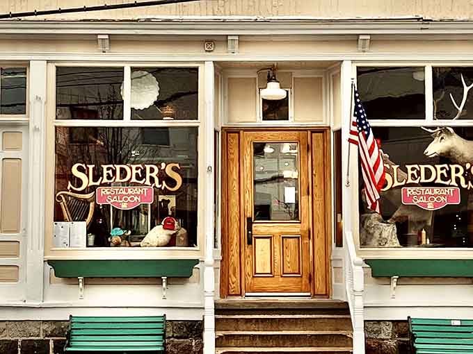 A taxidermy deer in the window and an American flag at the door &mdash; Sleder's means serious business.
