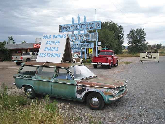 Cold drinks, coffee, snacks, and a side of nostalgia, the Frontier Motel sign promised everything a road-weary traveler ever needed.