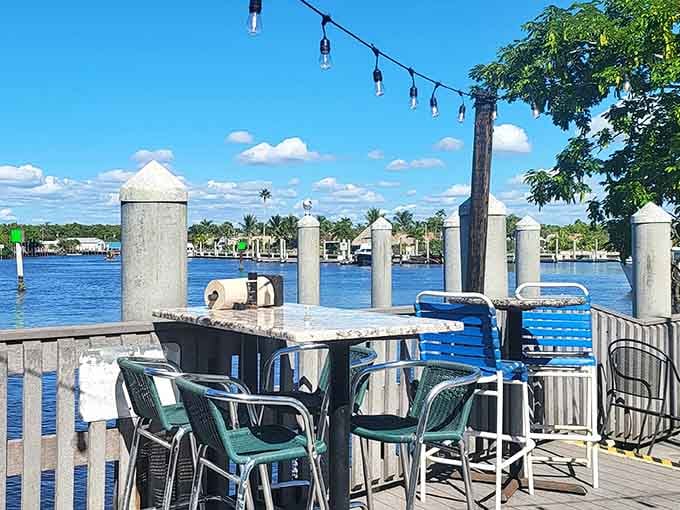 That sparkling blue water and those dock pilings aren't just scenery &mdash; they're the world's most convincing argument to order another round.