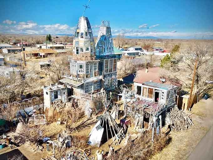 The aerial view reveals the full scope of this handmade castle, a testament to decades of dedication and imagination.