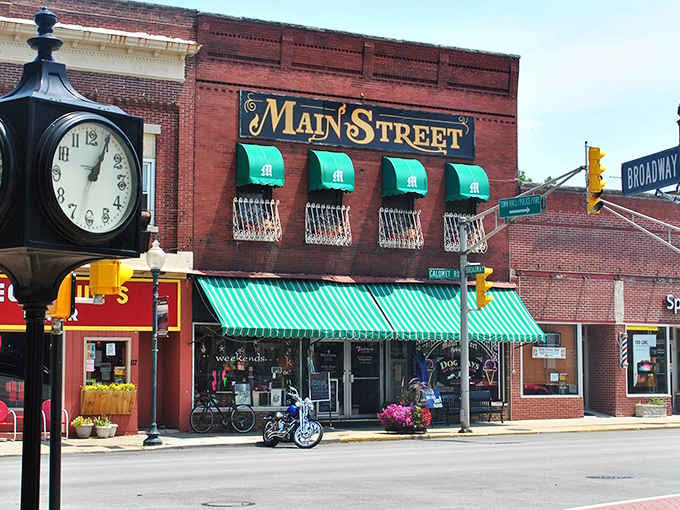 That classic street clock stands guard like a patient sentinel, reminding everyone that good times never go out of style.