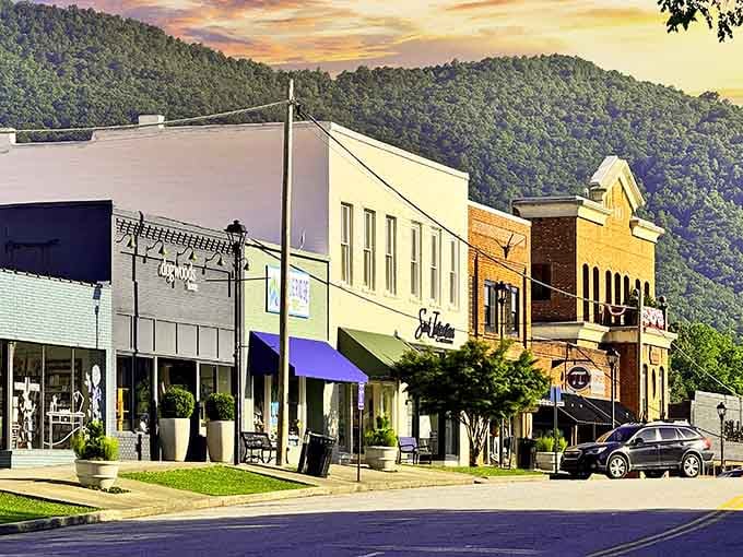 When Blue Ridge Mountain sunsets paint the sky gold, Clayton's charming storefronts look almost too pretty to be real.