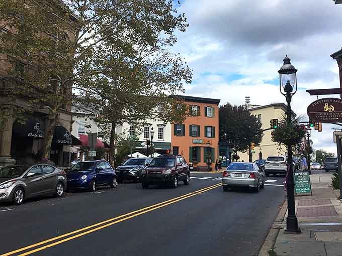 Gas lamps, colorful facades, and a "Printer's Alley" sign &mdash; Doylestown's main street rewards every curious glance.