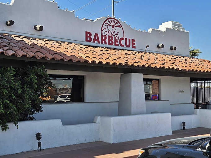Those classic southwestern curves and clean white walls prove that great BBQ doesn't need flashy packaging to shine bright.