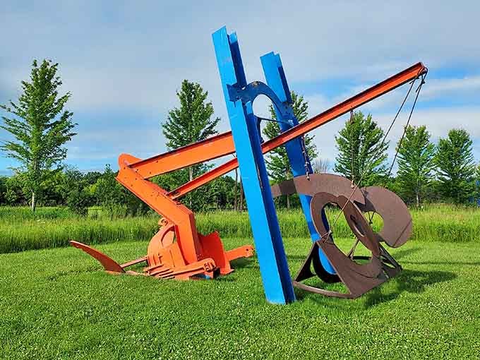 Bold orange meets electric blue in a metal mashup that would make any modern art museum jealous.