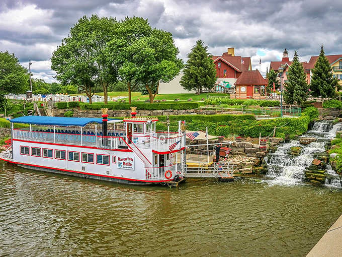 The Bavarian Belle paddleboat sits dockside like a floating party, ready to waltz you down the Cass River.
