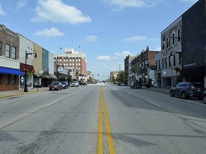 Galesburg's main street stretches wide and unhurried, like a deep breath you didn't know you needed until right now.