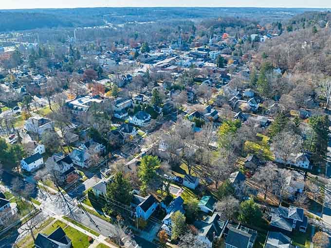 From above, Granville looks like a quilt of rooftops and treetops stitched together by someone with very good taste.